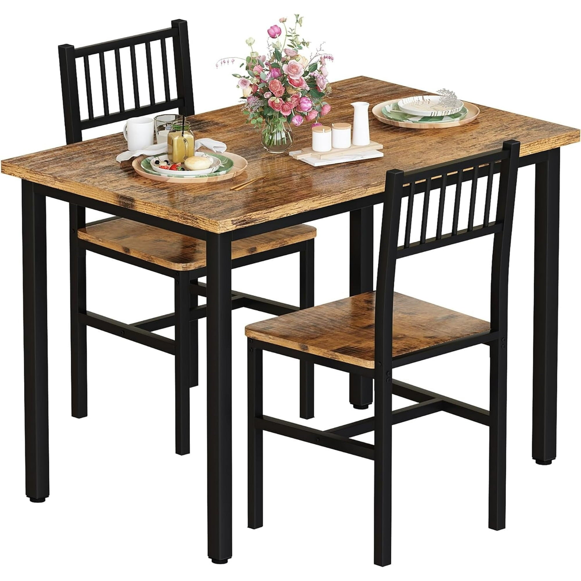 Baxluxe Dining Table Set, Rustic Kitchen Table and 2 Chairs with Metal